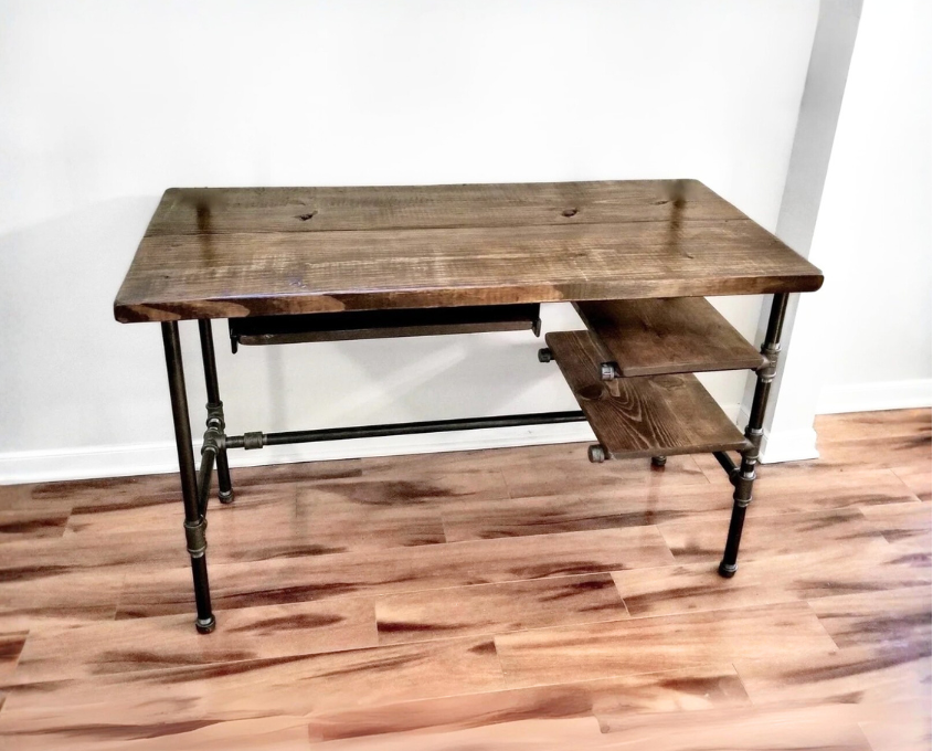 Steel and Wood Desk with 2 Shelves and Keyboard Tray – steelandpine