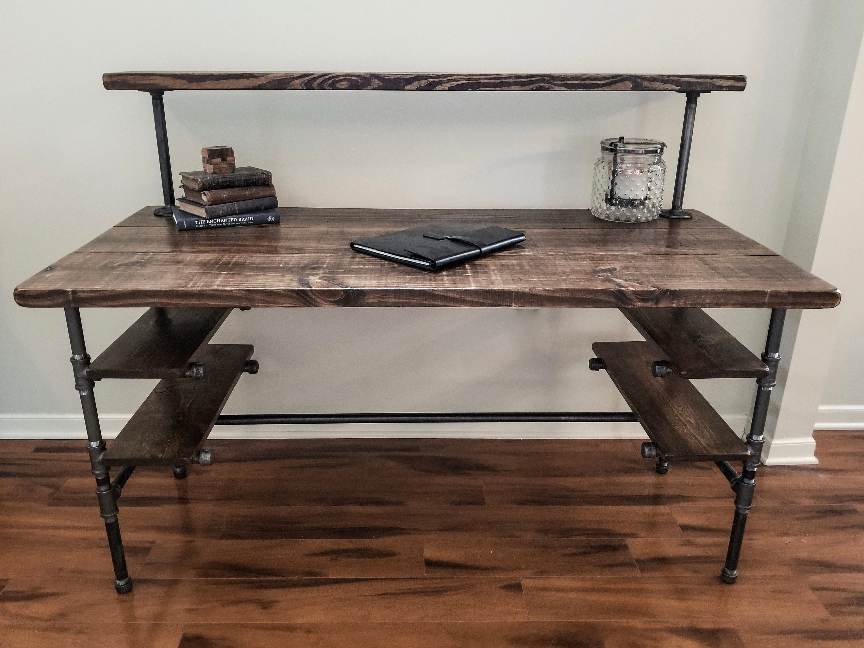 Steel and Wood Desk - Office Iron Pipe Desk with 4 Desk Shelves and Mo ...